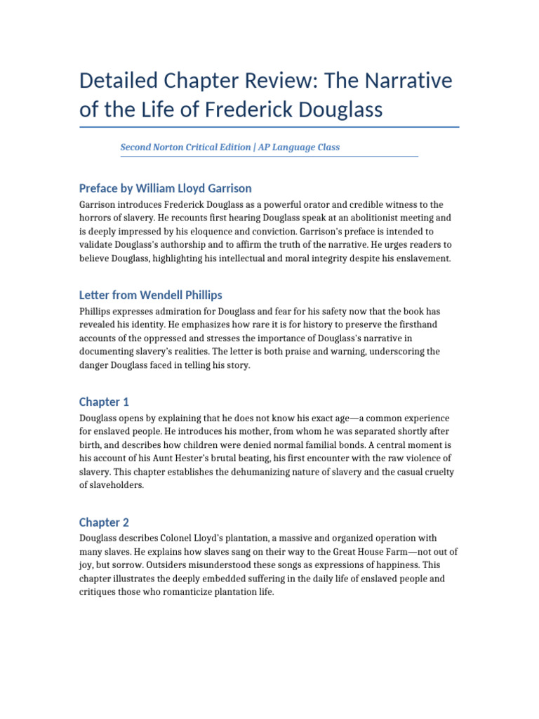 Chapter 2 Summary of Douglass' Narrative | PDF | Frederick Douglass ...