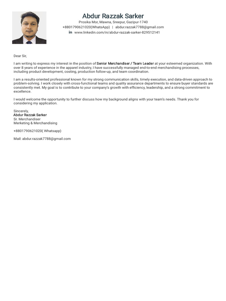 Senior Merchandiser Application Letter | PDF