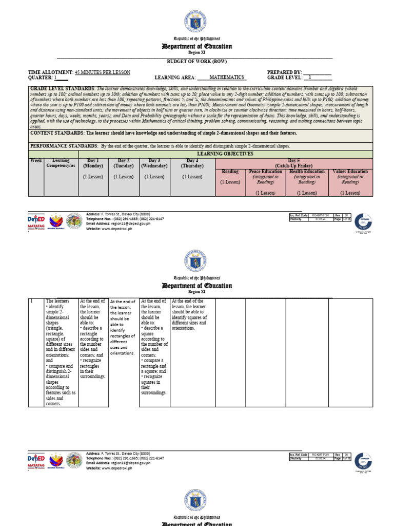 Bow Mathematics Grade1 Quarter1 Week1-8 | PDF | Learning | Mathematics
