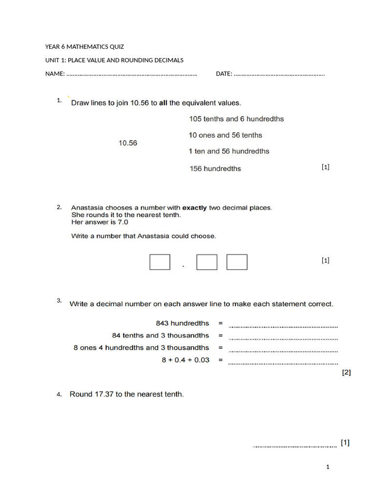 Year 6 Math Unit 1 Test | PDF