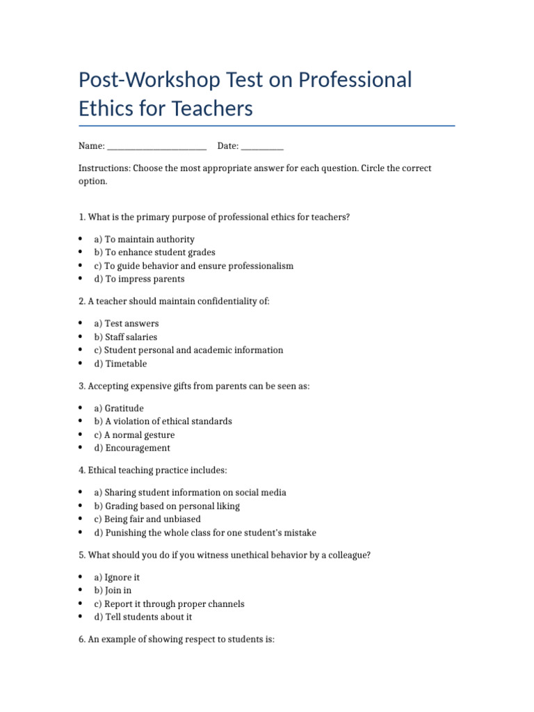Professional Ethics Test Teachers | PDF