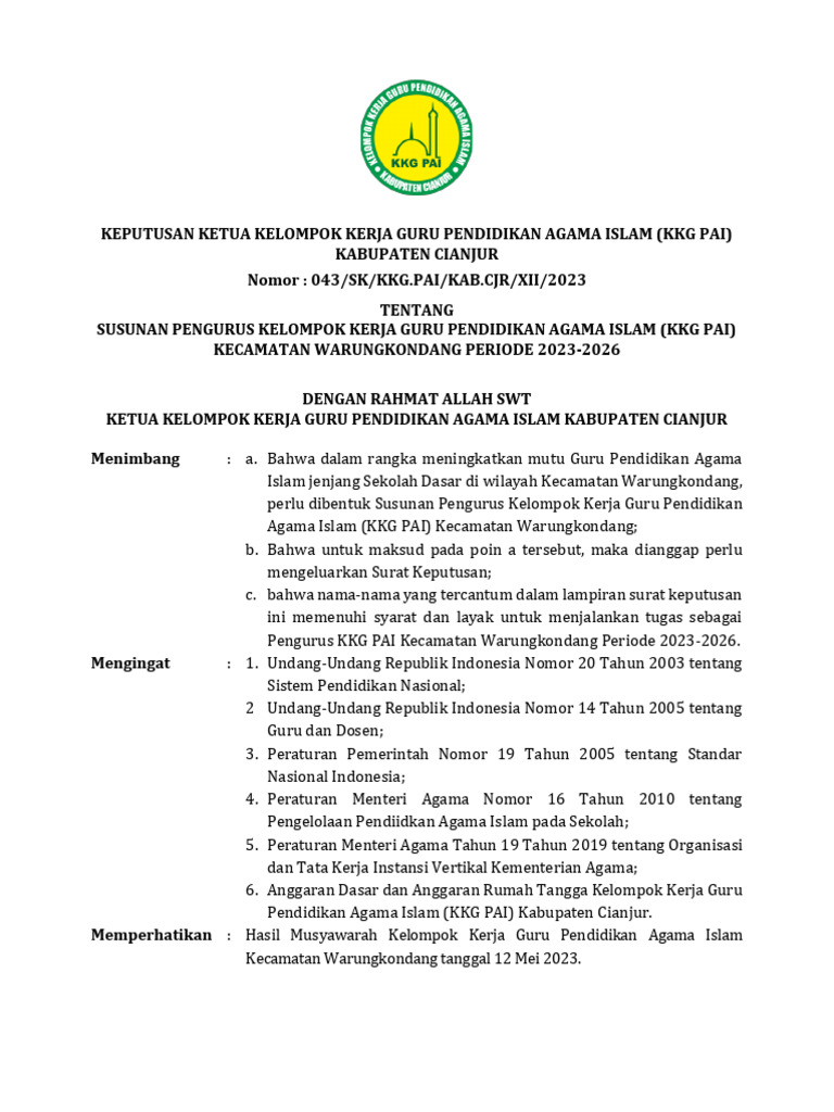 043 - SK Pengurus KKG Pai Kec Warungkondang | PDF