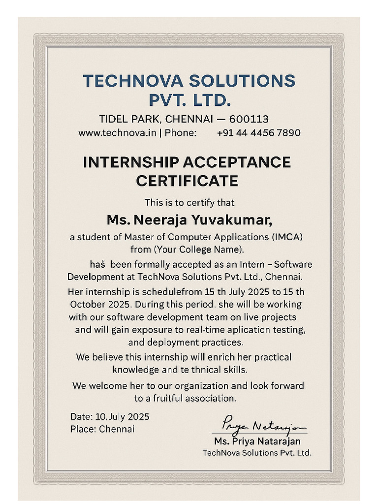 Internship Acceptance Certificate TechNova | PDF