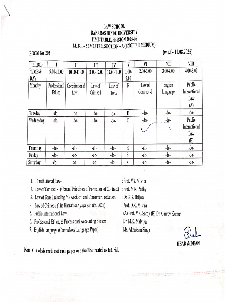 LLB I Semester 2025-26 - Class Time Table | PDF