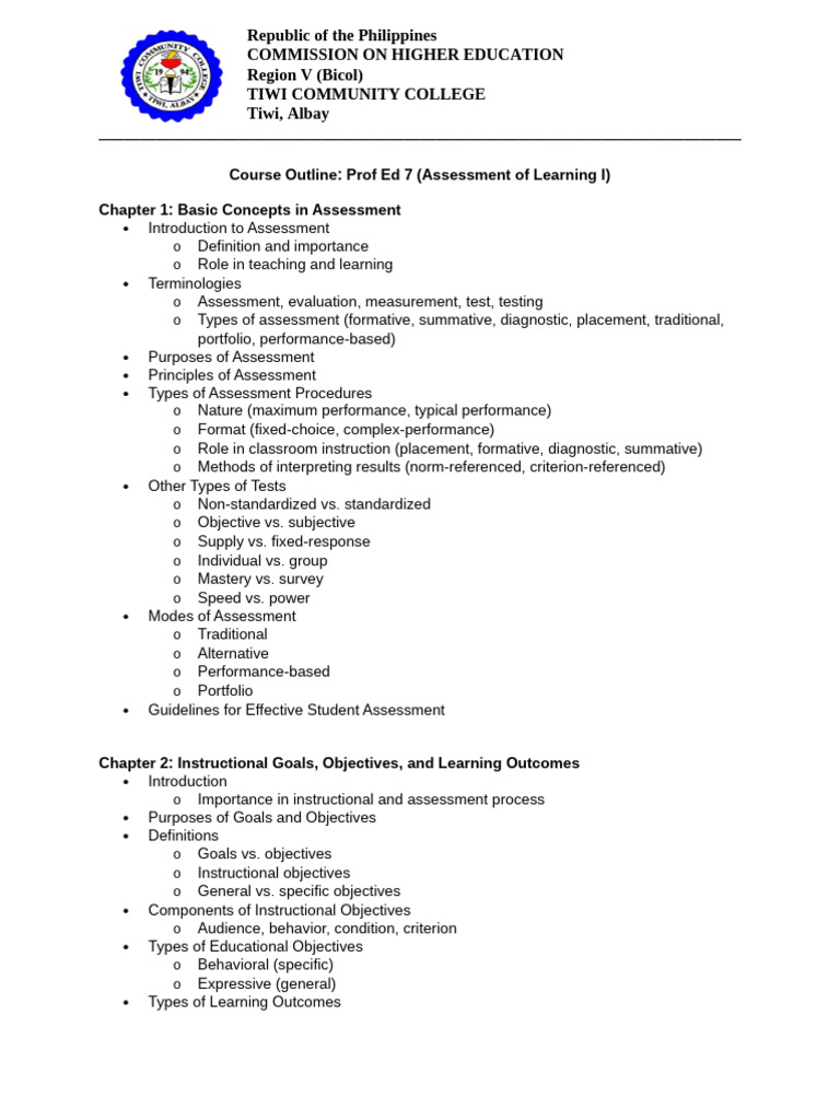 Assessment of Learning I Course Outline | PDF | Educational Assessment ...