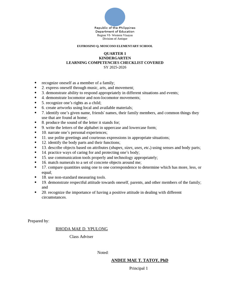 Kindergarten Learning Competencies Checklist | PDF