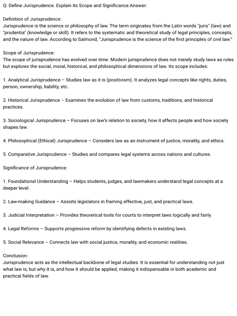 Define Jurisprudence. Explain Its Scop and Significance 16 Marks Answer ...