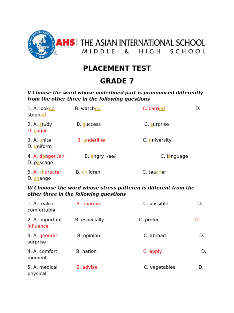 Grade 7 Placement Test Questions | PDF