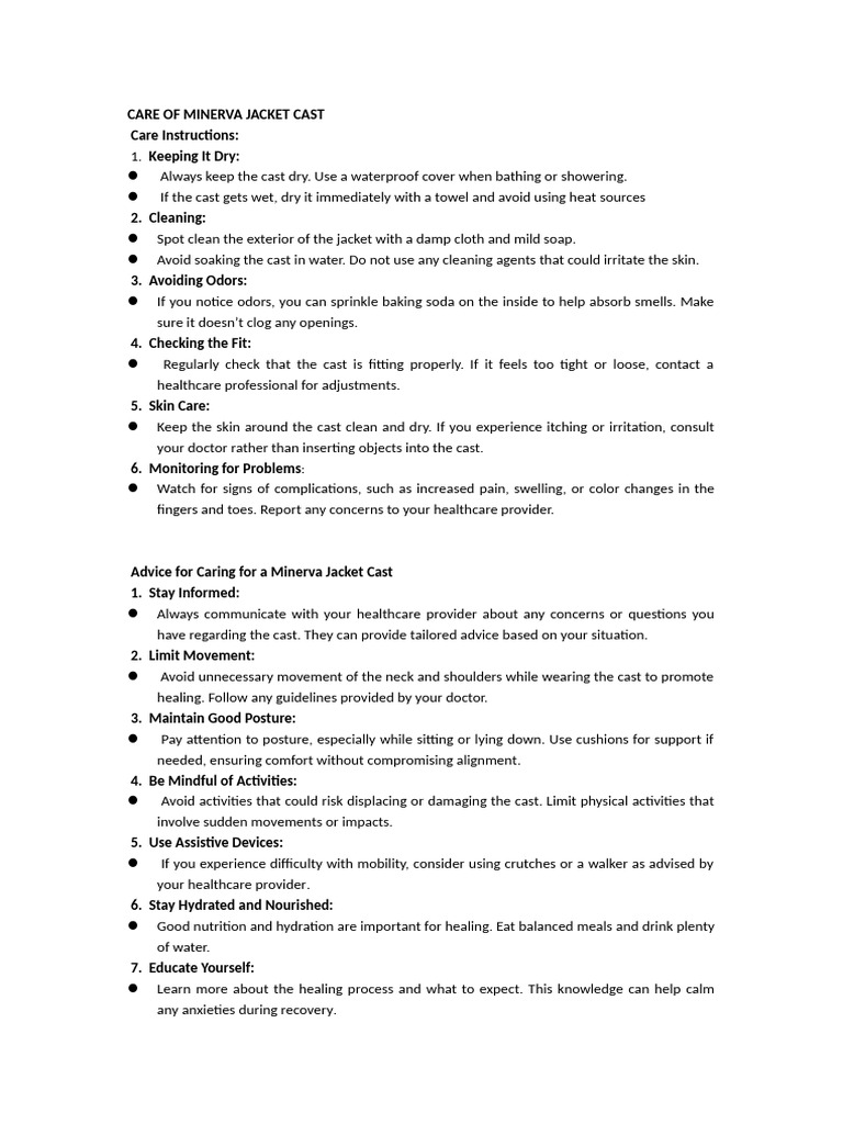 Minerva Jacket Cast Care Guidelines | PDF