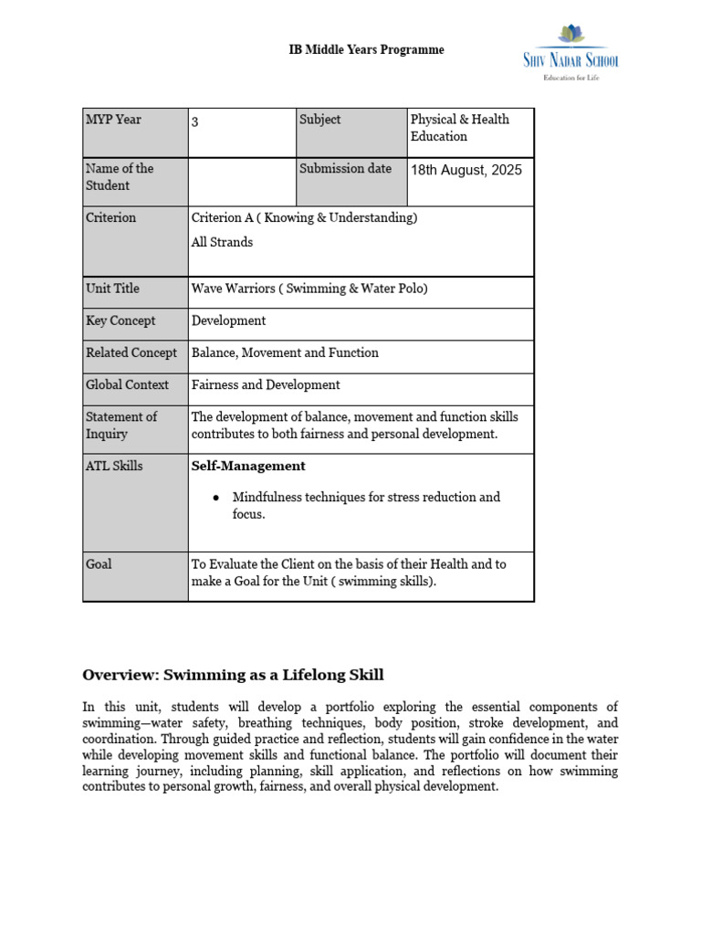 Portfolio For MYP 3 Criterion A | PDF | Swimming | Knowledge