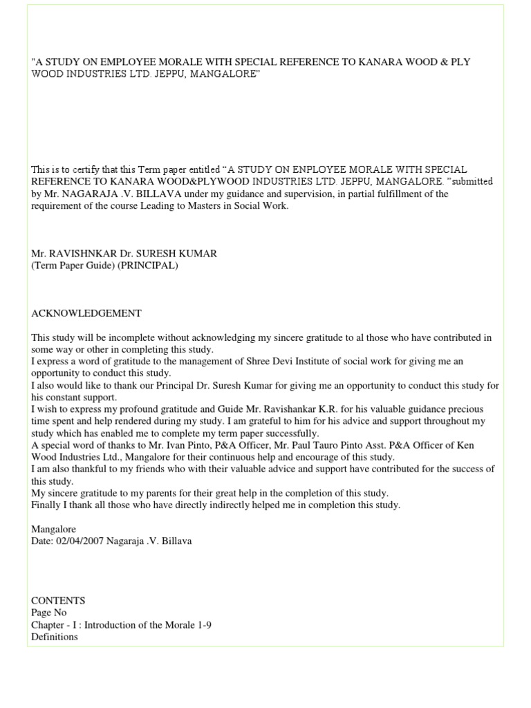 A Study On Employee Morale With Special Reference To Kanara Wood | PDF ...