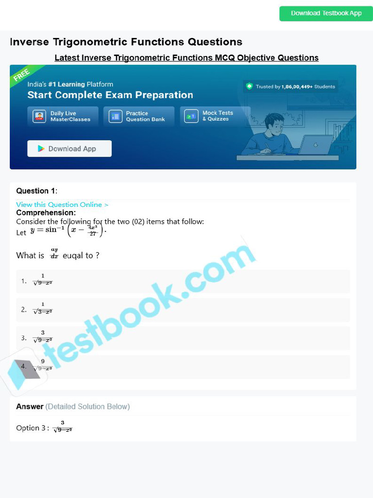 MCQ On Inverse Trigonometric Functions 5eea6a1439140f30f369f1d4 | PDF