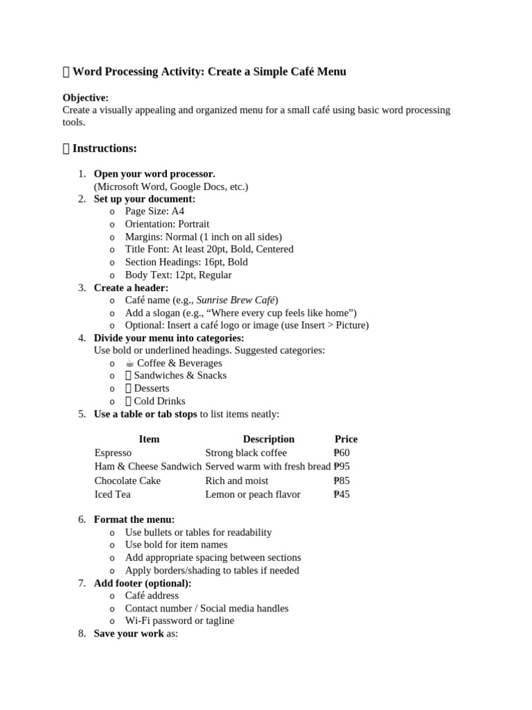 Word Processing Activity 4 Simple Cafe Menu | PDF