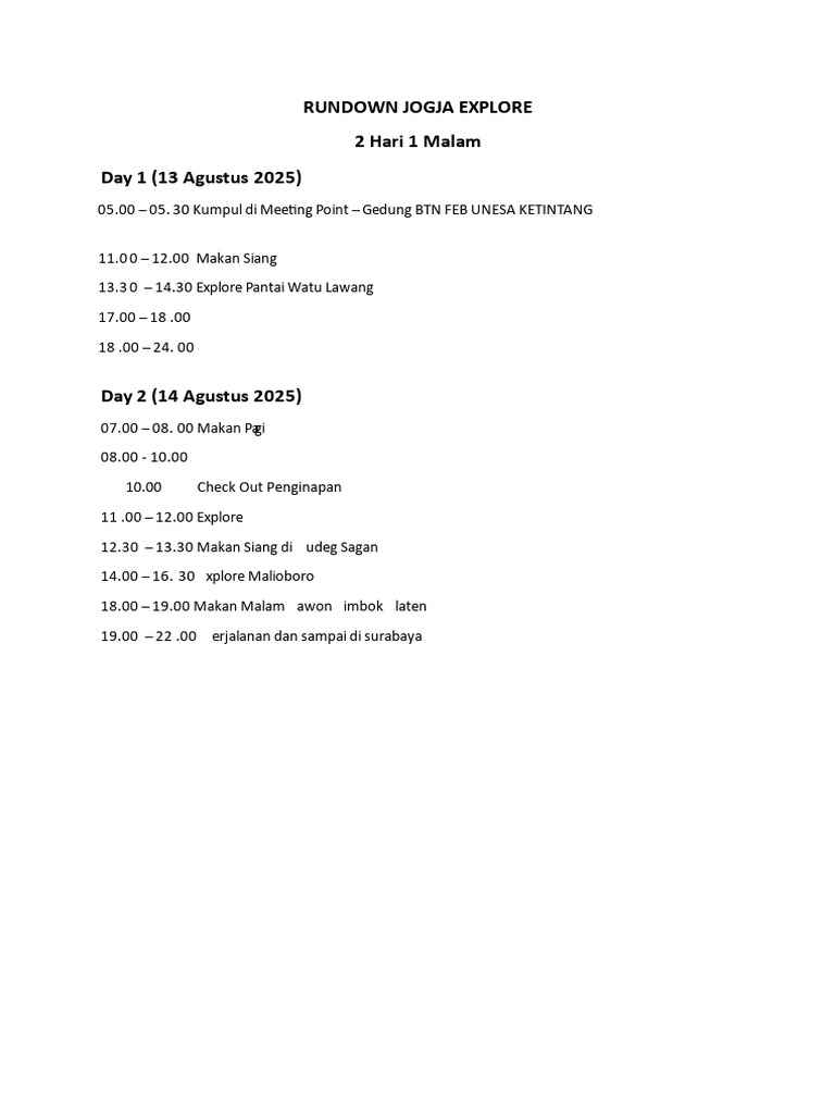 Rundown Piknik 2 Hari di Jogja | PDF