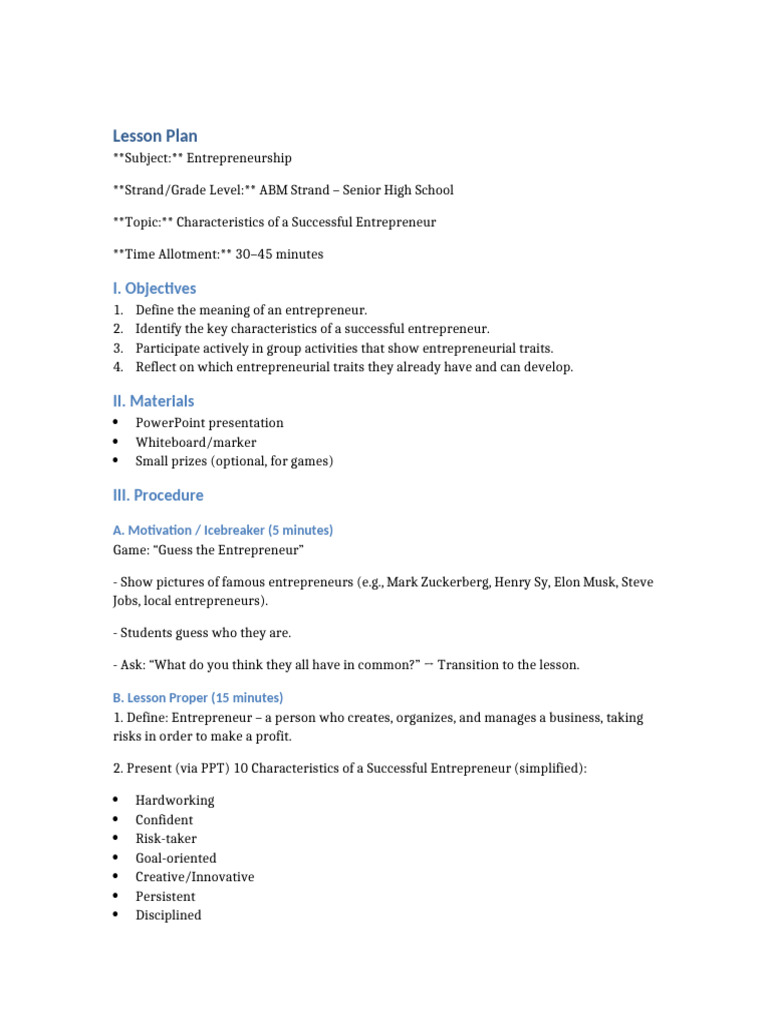 Entrepreneurship LessonPlan ABM | PDF