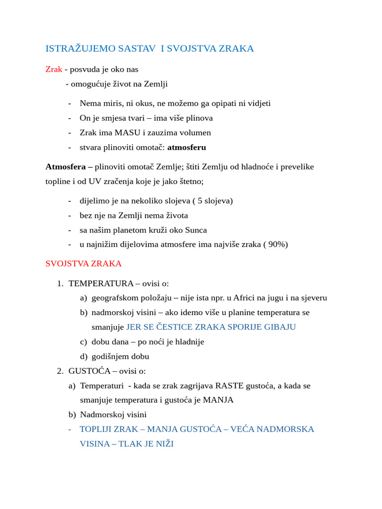 Istražujemo Sastav I Svojstva Zraka | PDF
