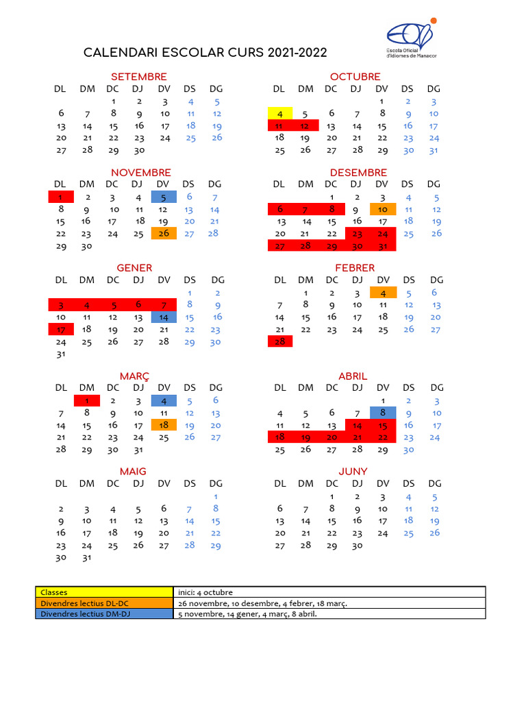 Calendari Escolar Curs 2021-22 | PDF