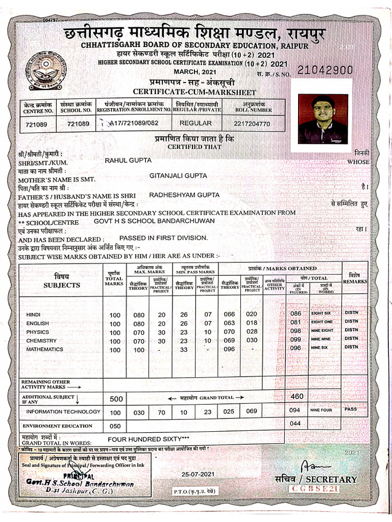 12th Marksheet | PDF