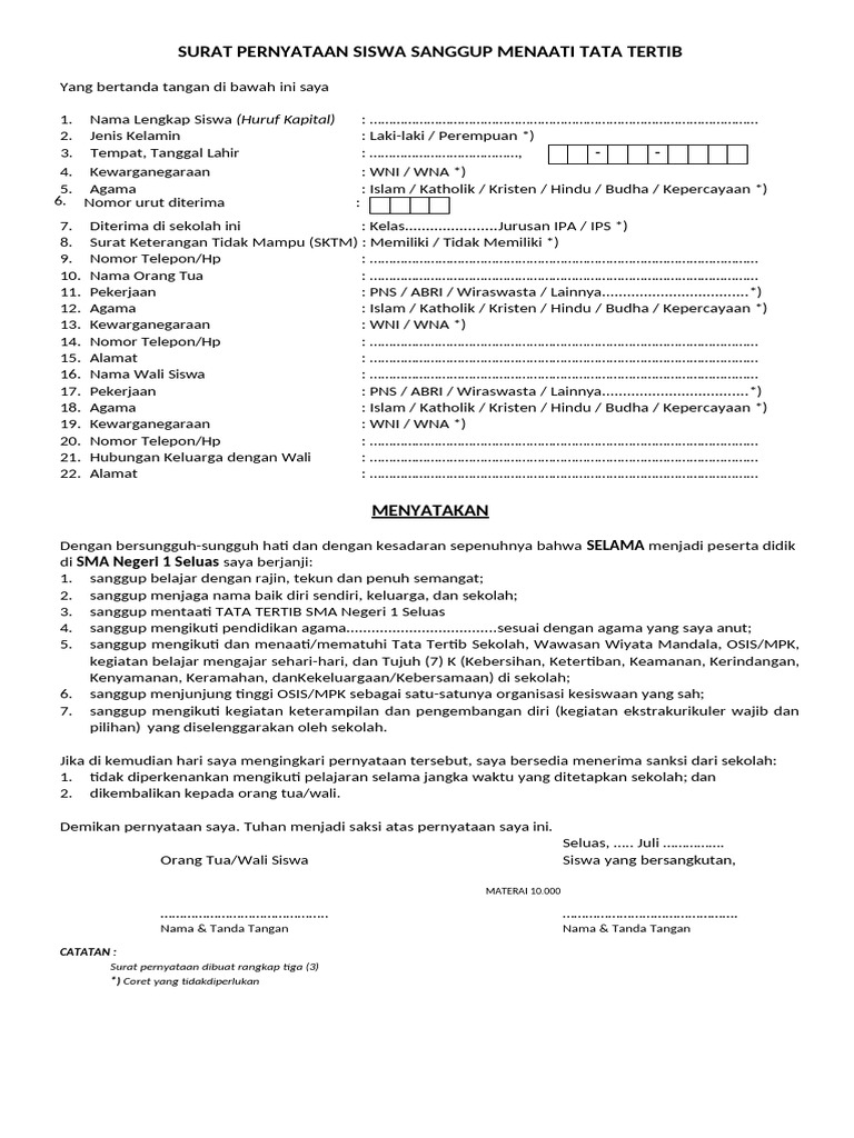 Pernyataaan Tata Tertib Siswa Baru | PDF