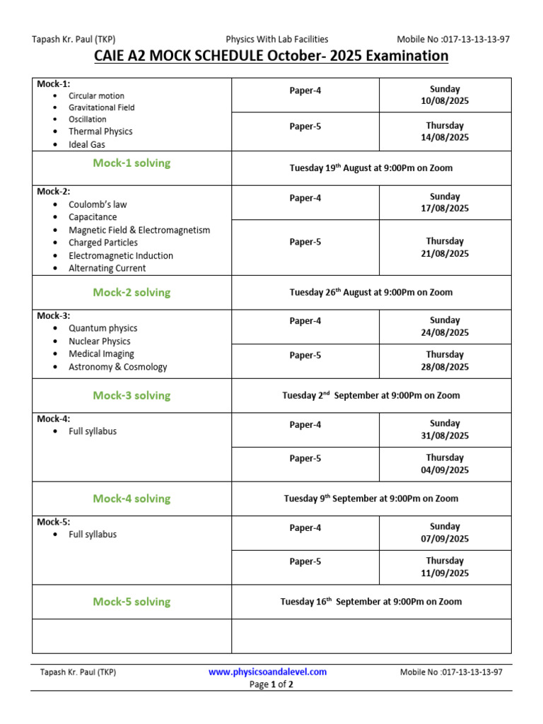 Caie A2 Mock Schedule October 2025 | PDF | Physics | Applied And Interdisciplinary Physics