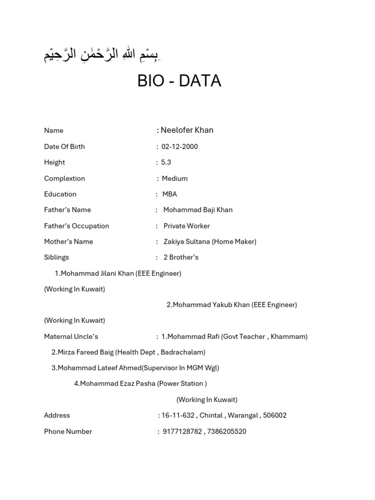 Bio - Data:: Neelofer Khan | PDF