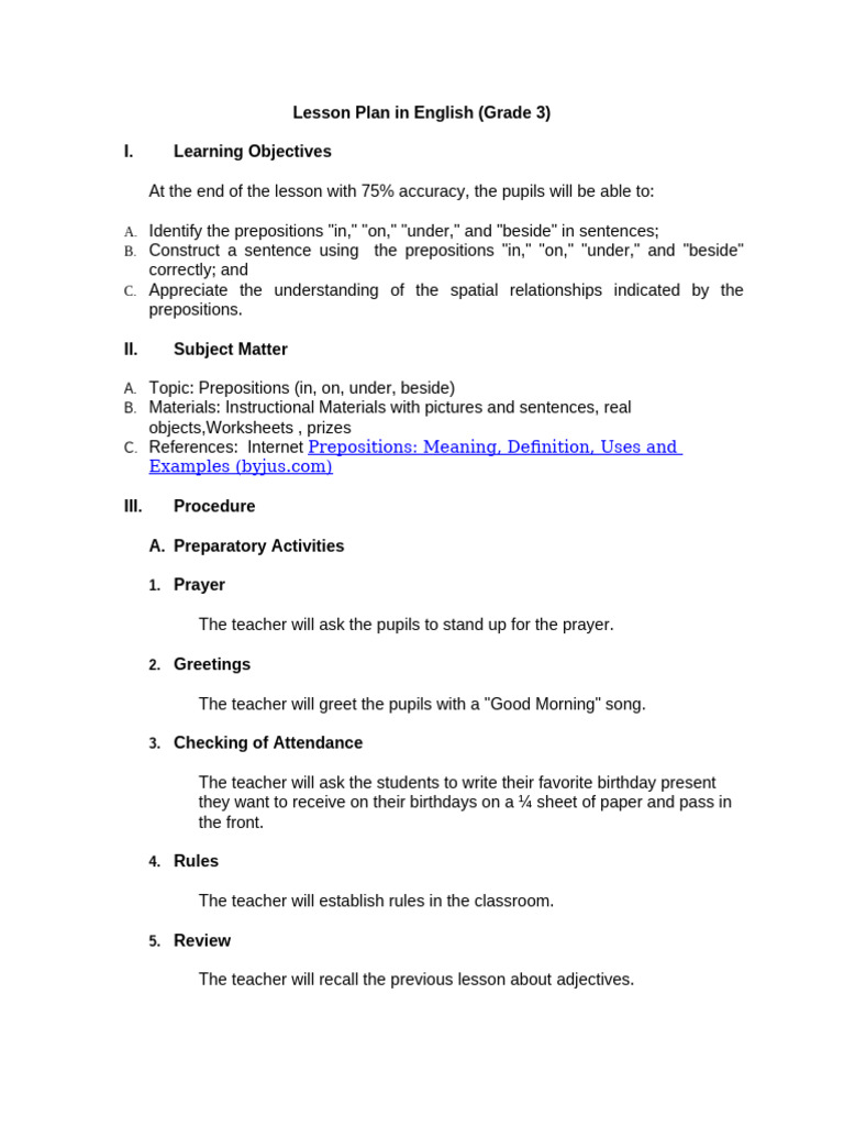 Grade 3 Prepositions Lesson Plan | PDF | Teachers | Lesson Plan