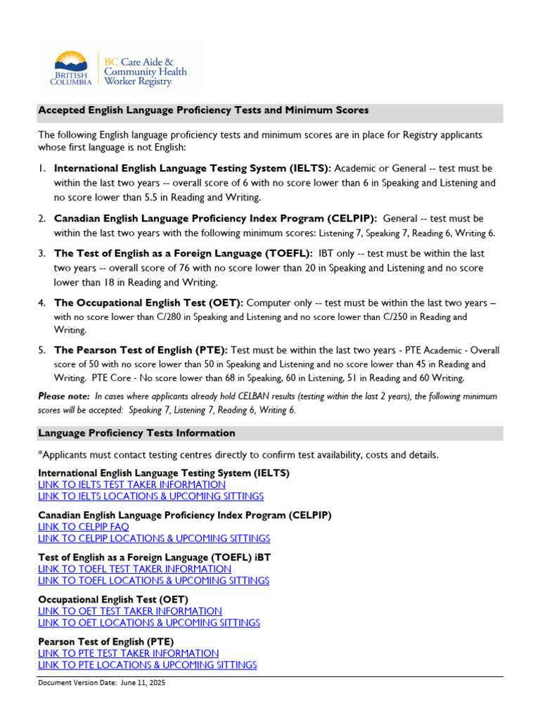 English Language Proficiency Tests RegistryApplicants | PDF