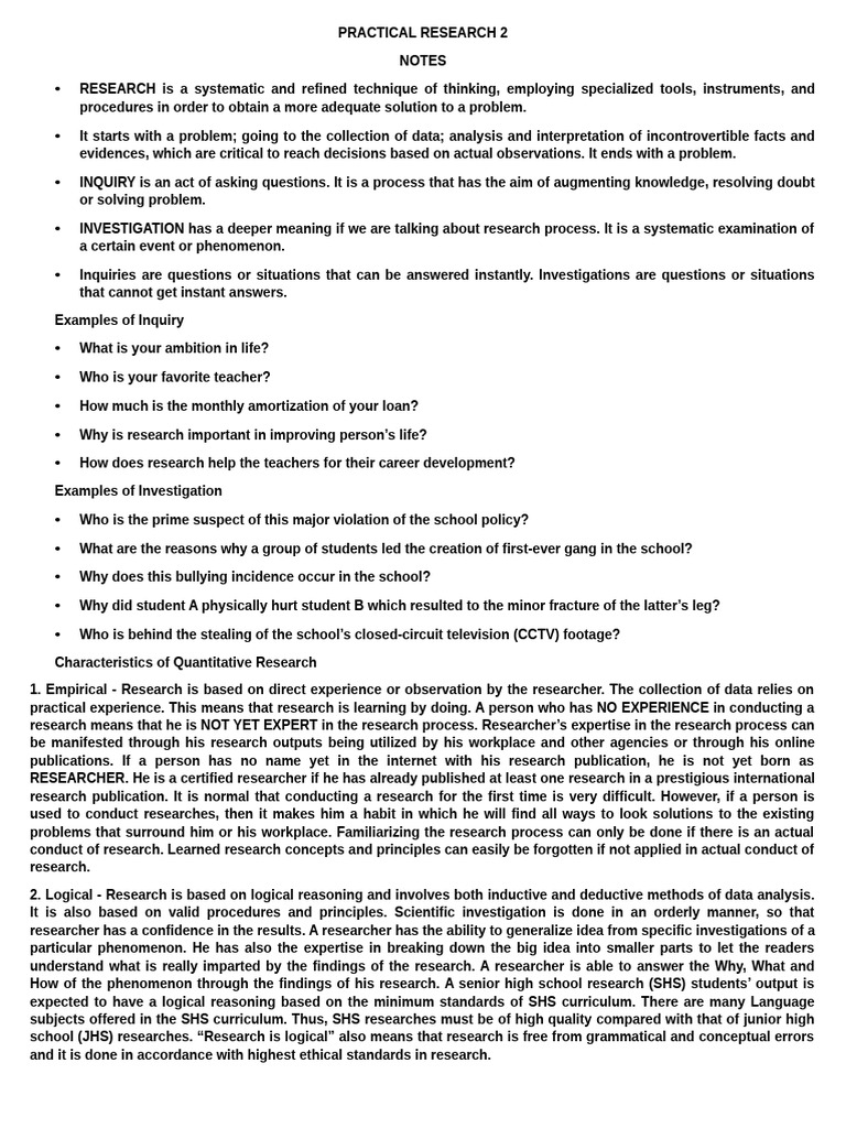 Practical Research 2 - Quarter 1 Notes | PDF | Statistics ...