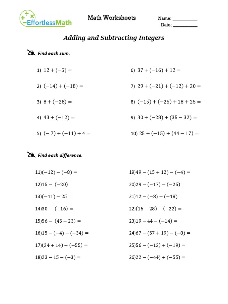 Adding and Subtracting Integers - Homework | PDF