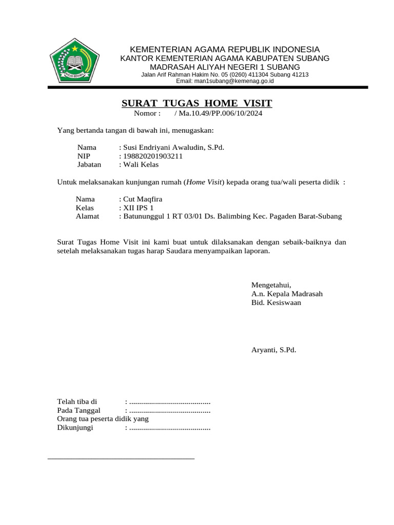 Surat Tugas Home Visit Madrasah Subang | PDF