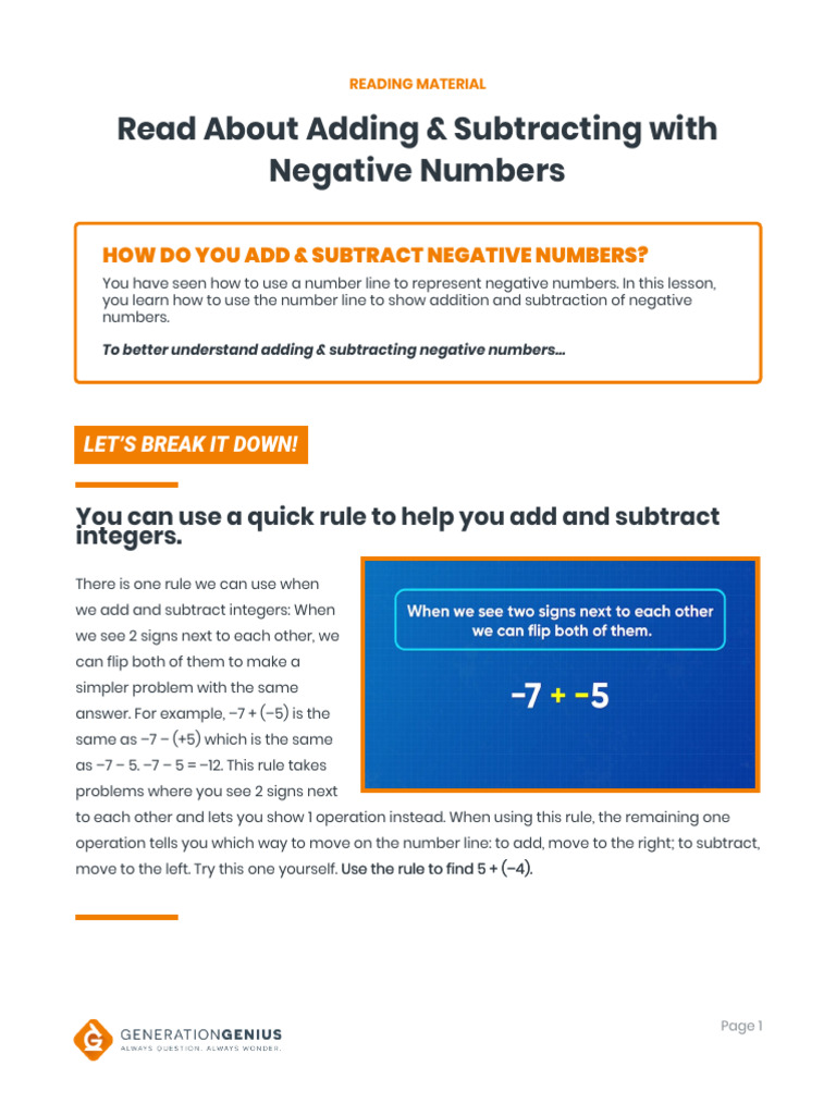 Add Subtract With Negative Numbers Lesson Plan Math Monks | PDF ...