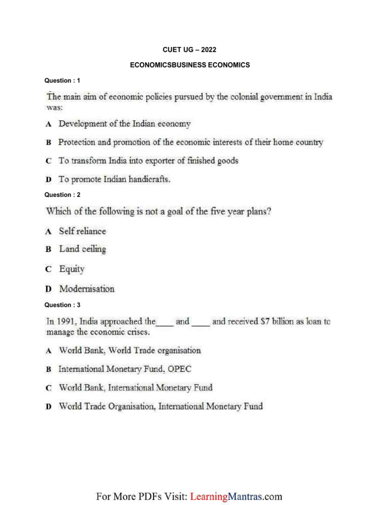 CUET UG 2022 Economics Questions | PDF