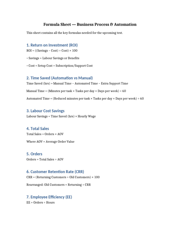 Key Formulas for Business Automation Test | PDF
