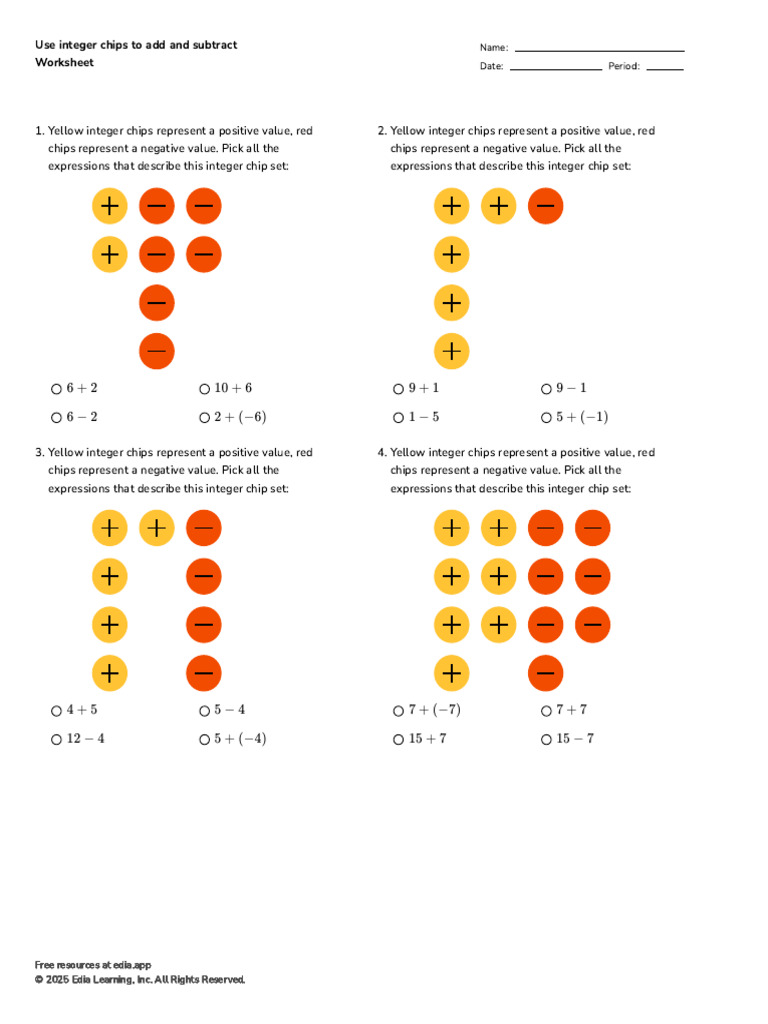 Use Integer Chips to Add and Subtract - Worksheet | PDF | Chess Theory ...