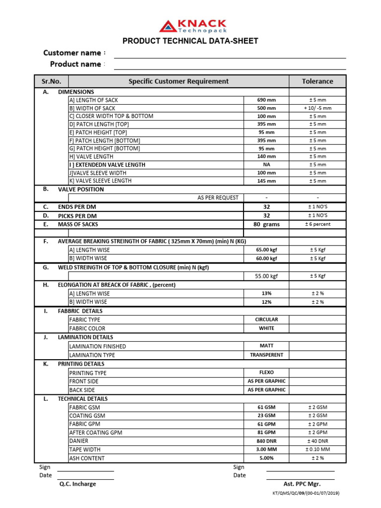 Bag Specification 500x690x100x140 | PDF