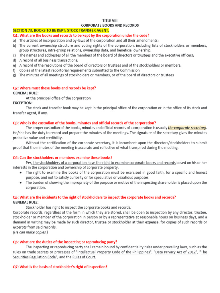 Corporate Books and Records Guidelines | PDF | Stocks | Shareholders