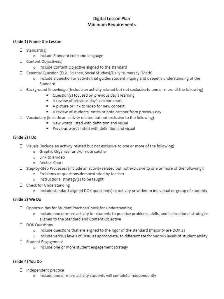 Digital Lesson Plan Minimum Requirements | PDF