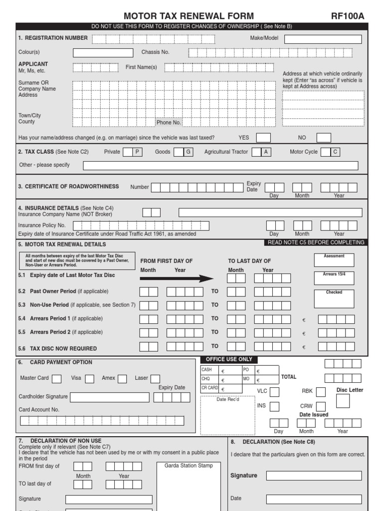 Motor Tax Renewal Form RF100A | PDF | Vehicles | Payments