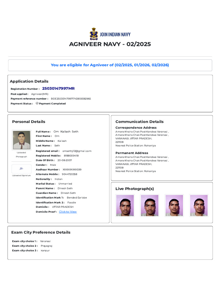 Agniveer Navy Application - 02/2025 | PDF