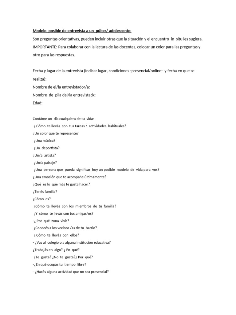Entrevista A Un Púber o Un Adolescente 2024 | PDF