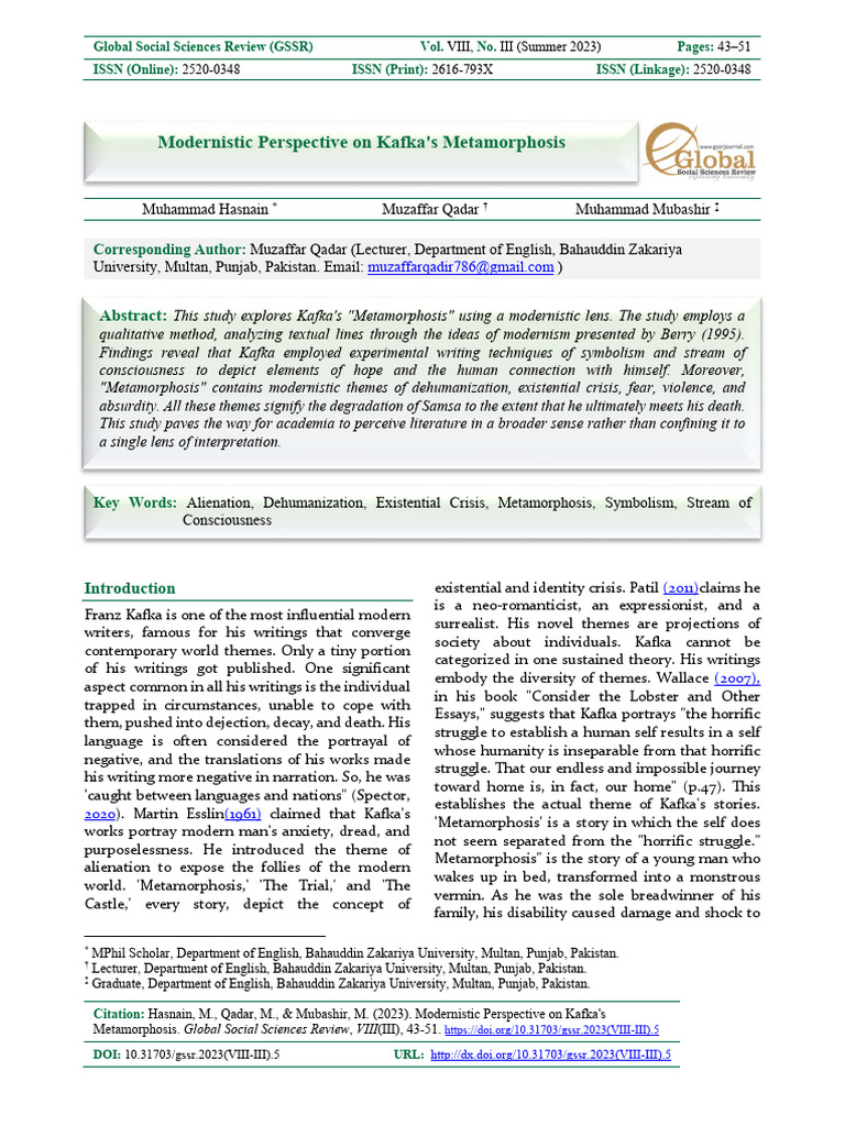 Modernistic Perspective On Kafkas Metamorphosis | PDF | The ...