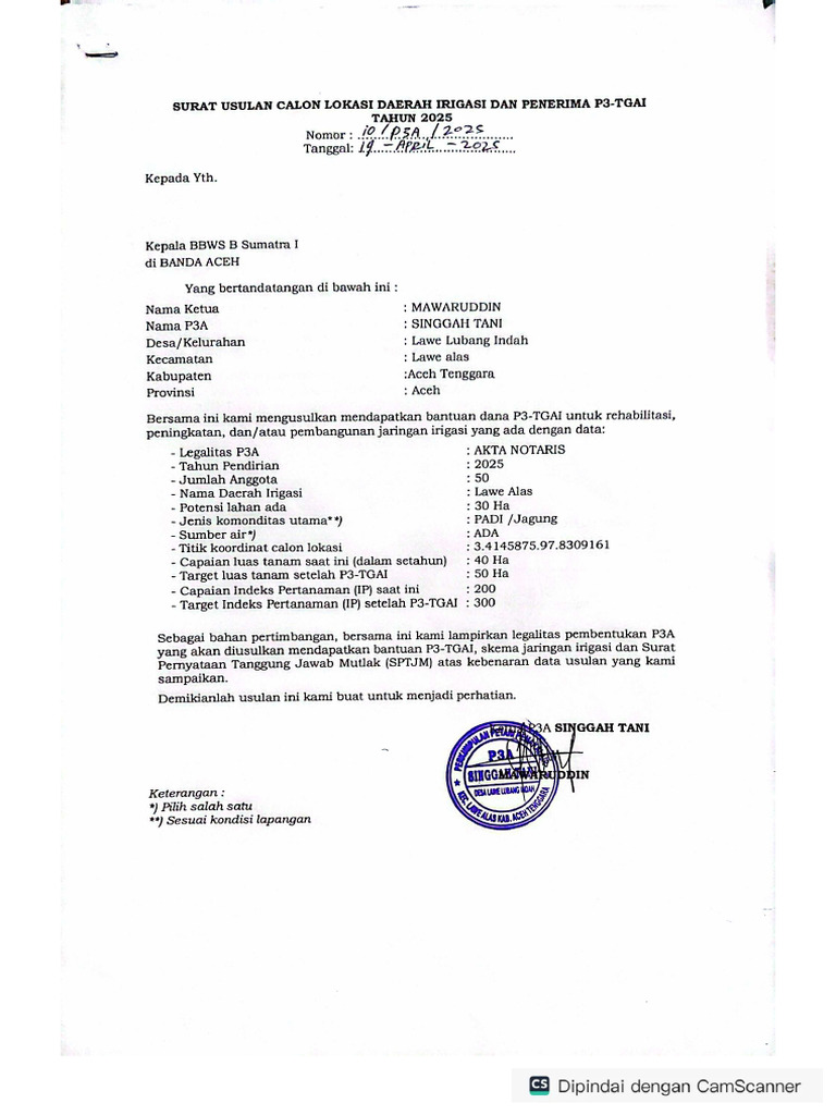 SPTJM P3a Singgah Tani Desa Lawe Lubang Indah | PDF