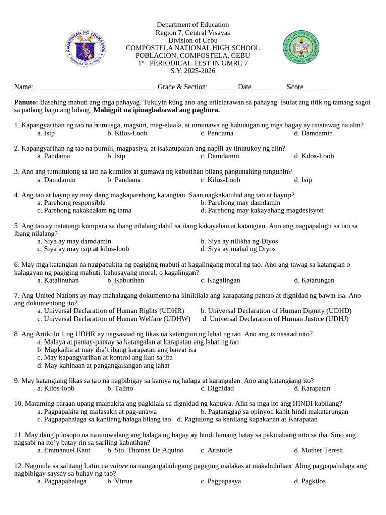 GMRC TQ Grade 7 Q1 | PDF