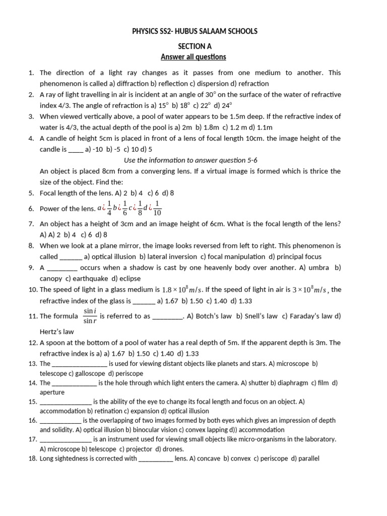 Physics Questions and Concepts for SS2 | PDF | Refraction | Wavelength