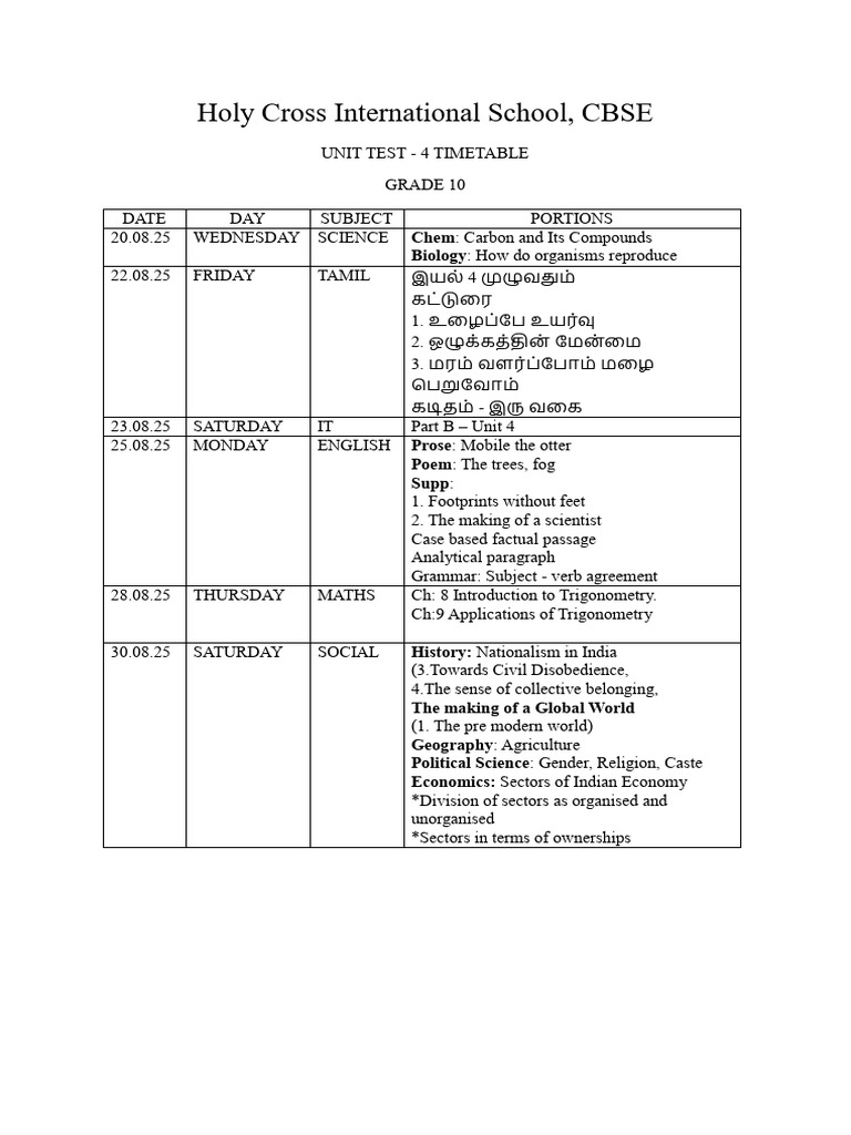 Grade 10 Unit Test 4 Timetable | PDF