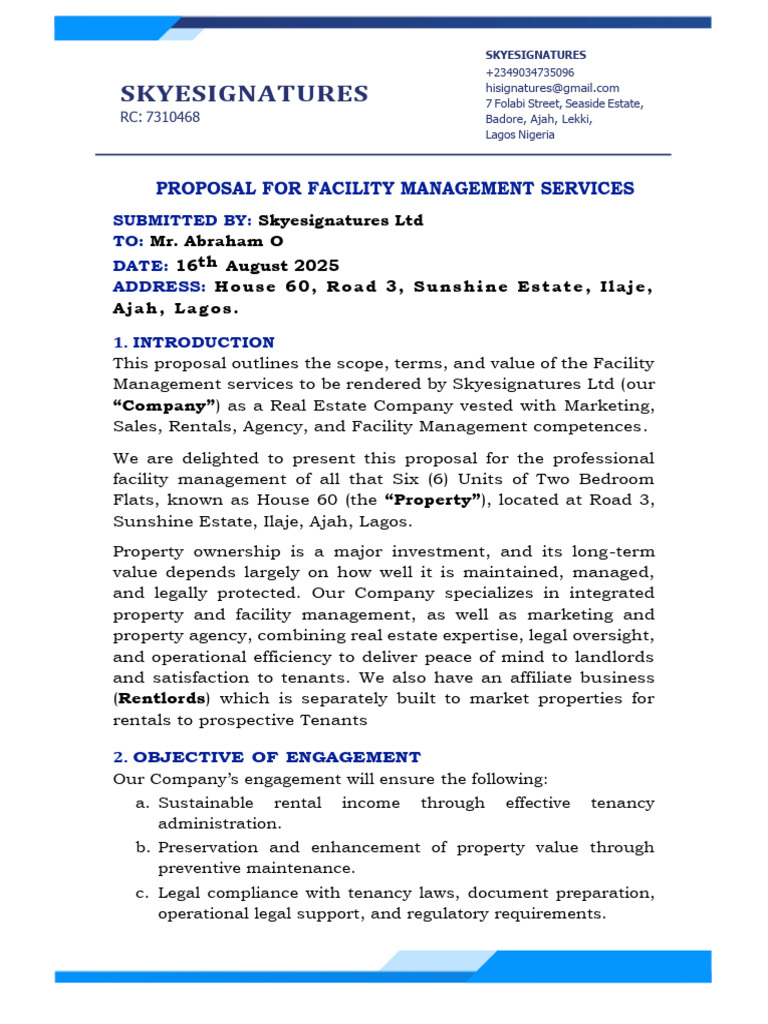 Facility Management Proposal - Skyesignatures | PDF | Lease | Leasehold ...