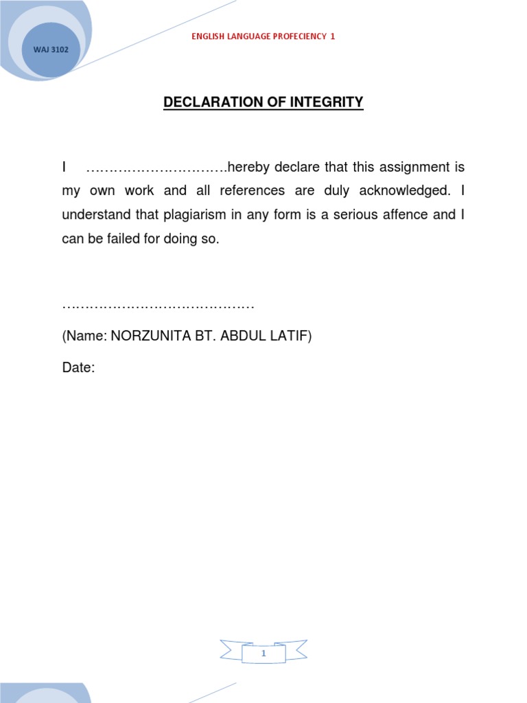Declaration of Integrity: English Language Profeciency 1 | PDF ...