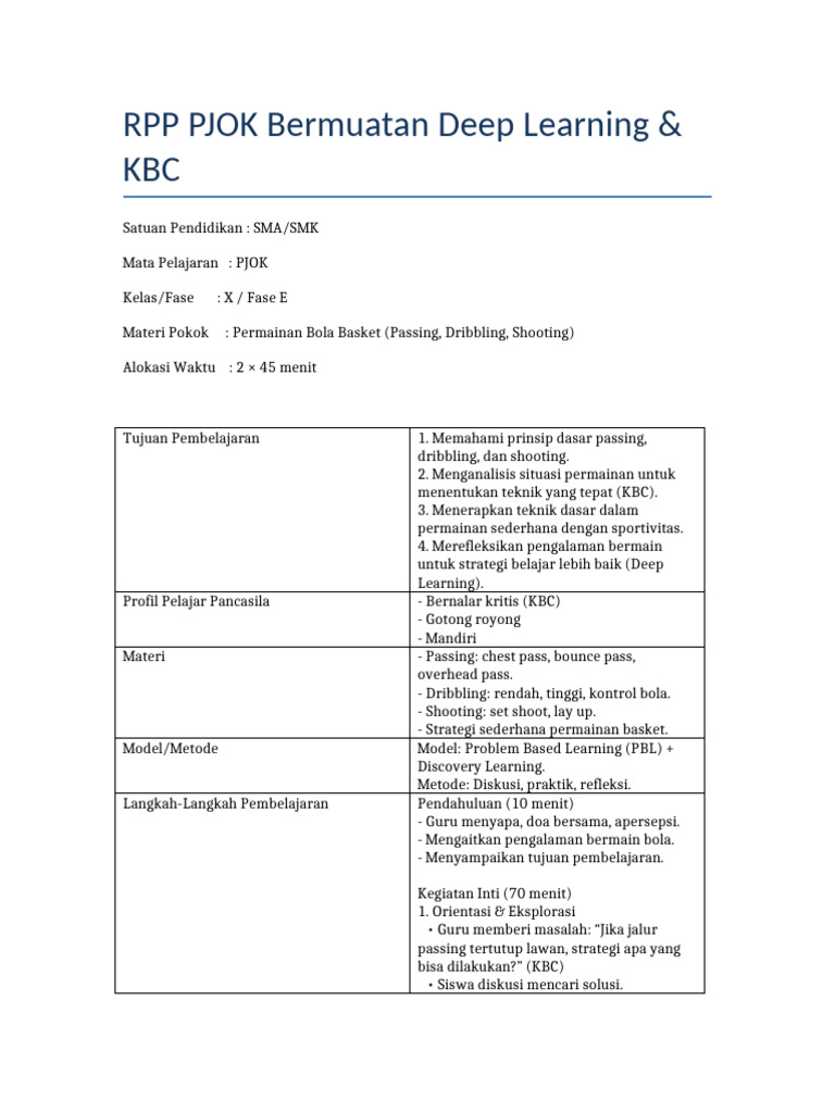 RPP Pjok Deeplearning KBC | PDF