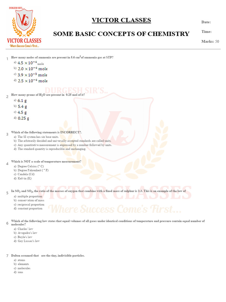 Some Basic Concepts of Chemistry-1 | PDF | Mole (Unit) | Gases