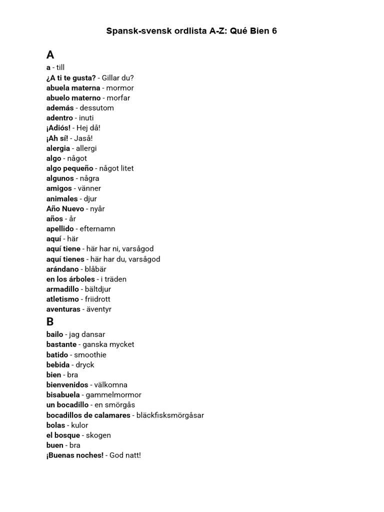 Spansk-Svensk Ordlista A-Z - Qué Bien 6 | PDF